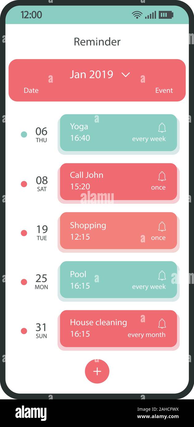 Reminder app smartphone interface vector template. Mobile calendar page ... Reminder app smartphone interface vector template. Mobile calendar page ...
