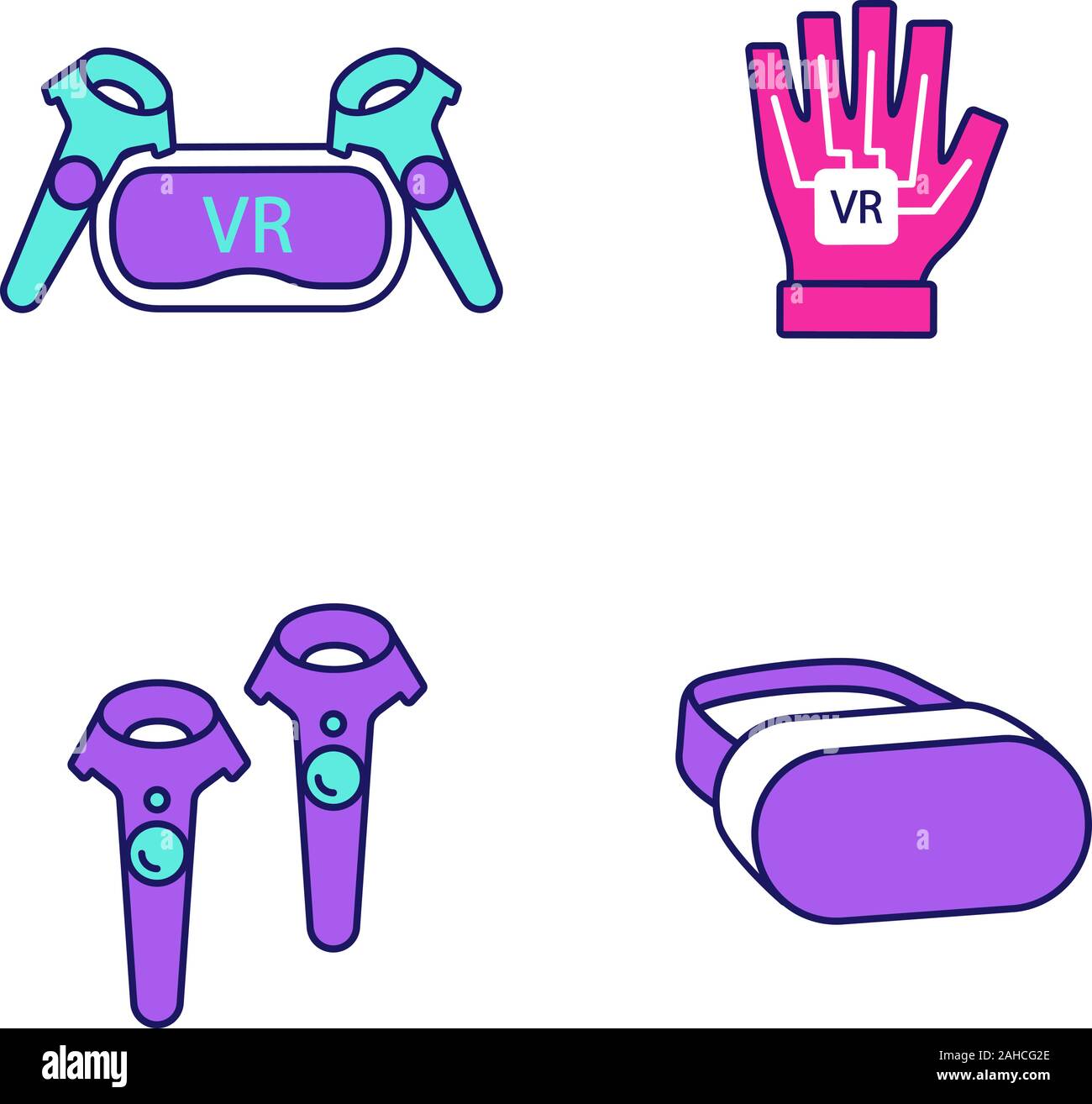 Virtual reality devices color icons set. VR headset and wireless ...