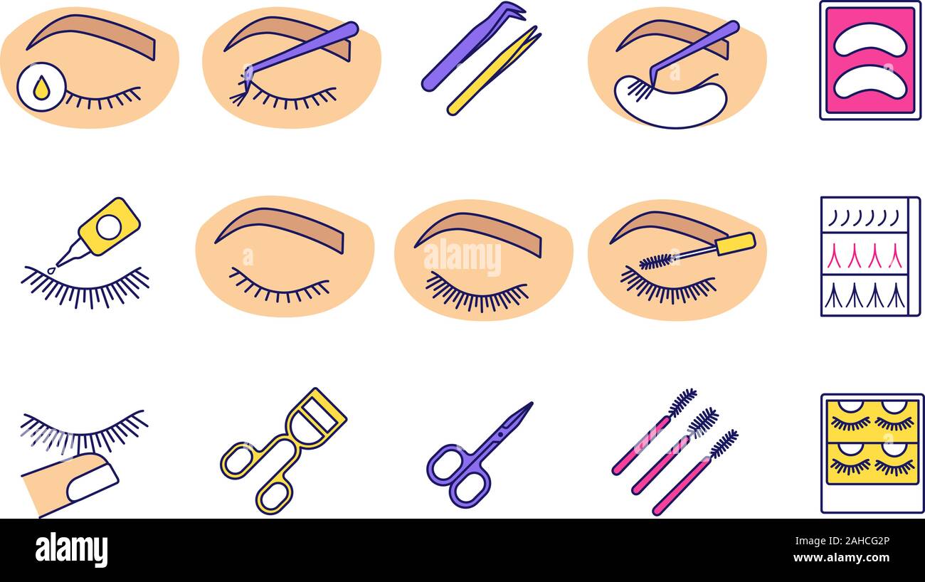 Eyelash extension color icons set. Individual, flare lashes. 3D, 2D ...