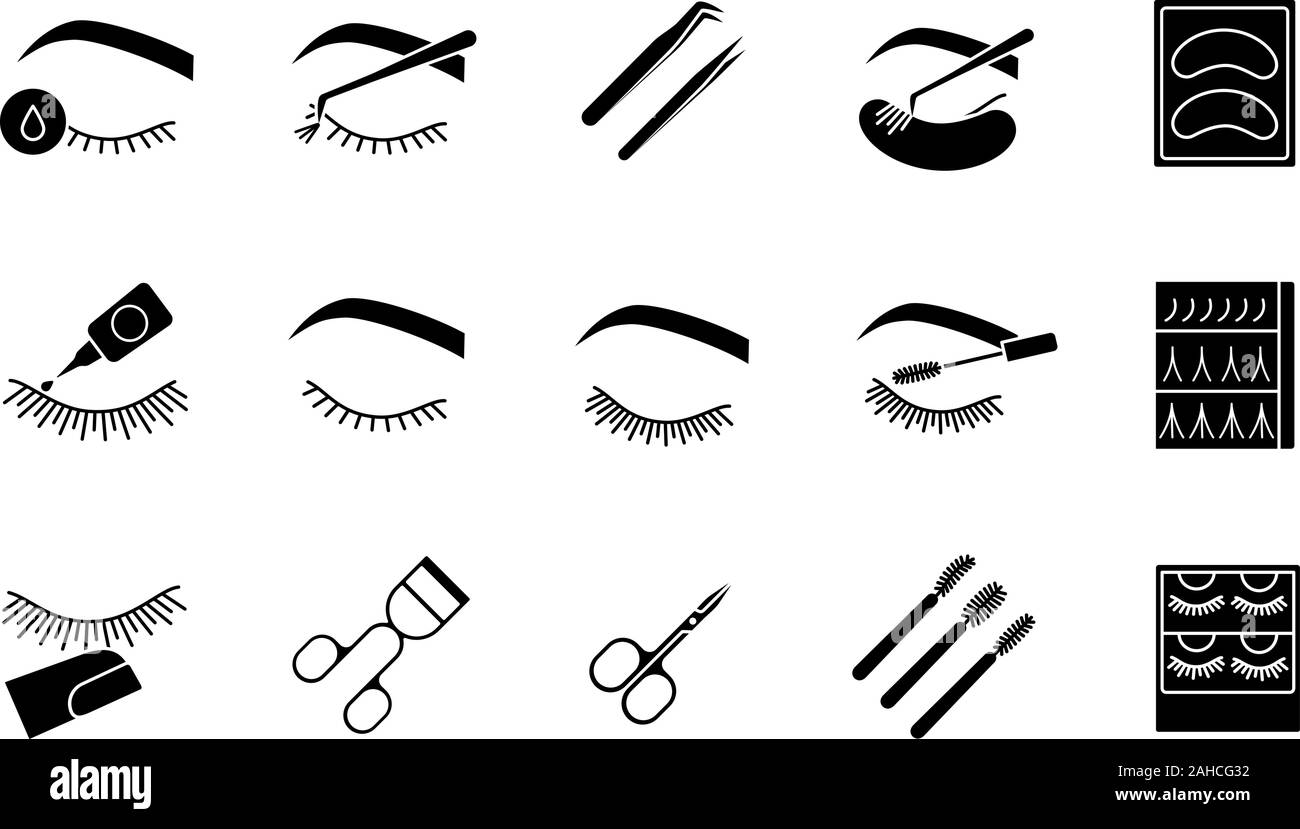 Eyelash extension glyph icons set. Silhouette symbols. Individual ...