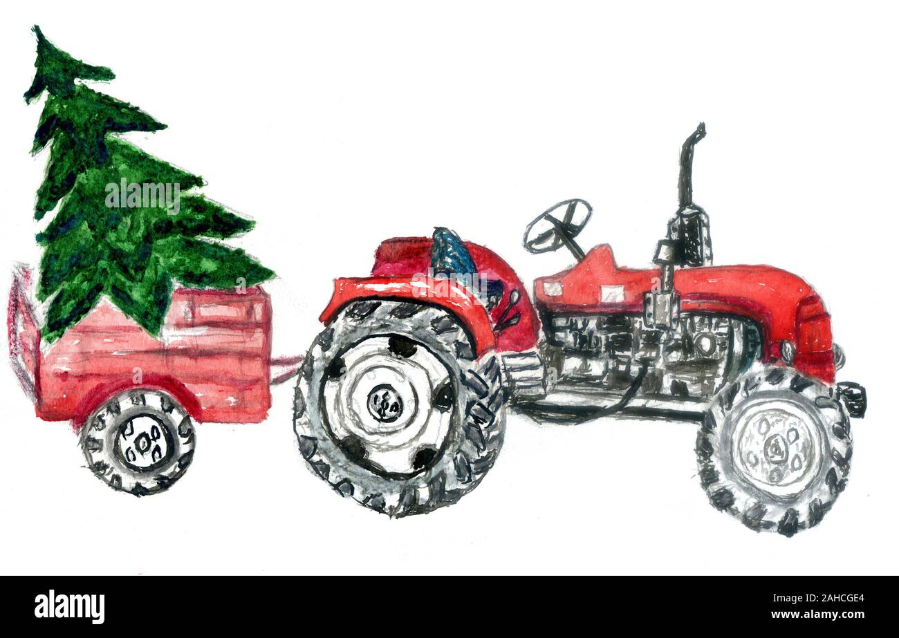 Old red tractor with Christmas tree, hand drawn illustration Stock ...