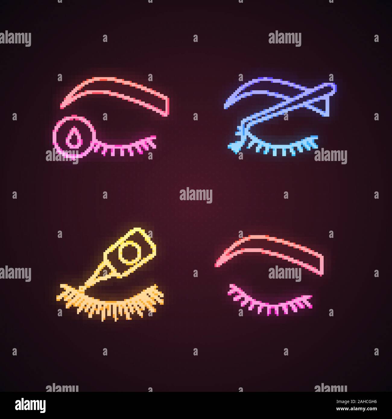 Eyelash extension neon light icons set. False lashes glue, primer for ...