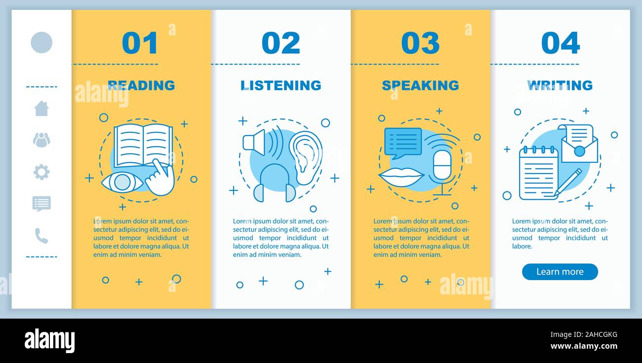 Cognitive activities onboarding mobile app page screen vector template. Reading, speaking ...