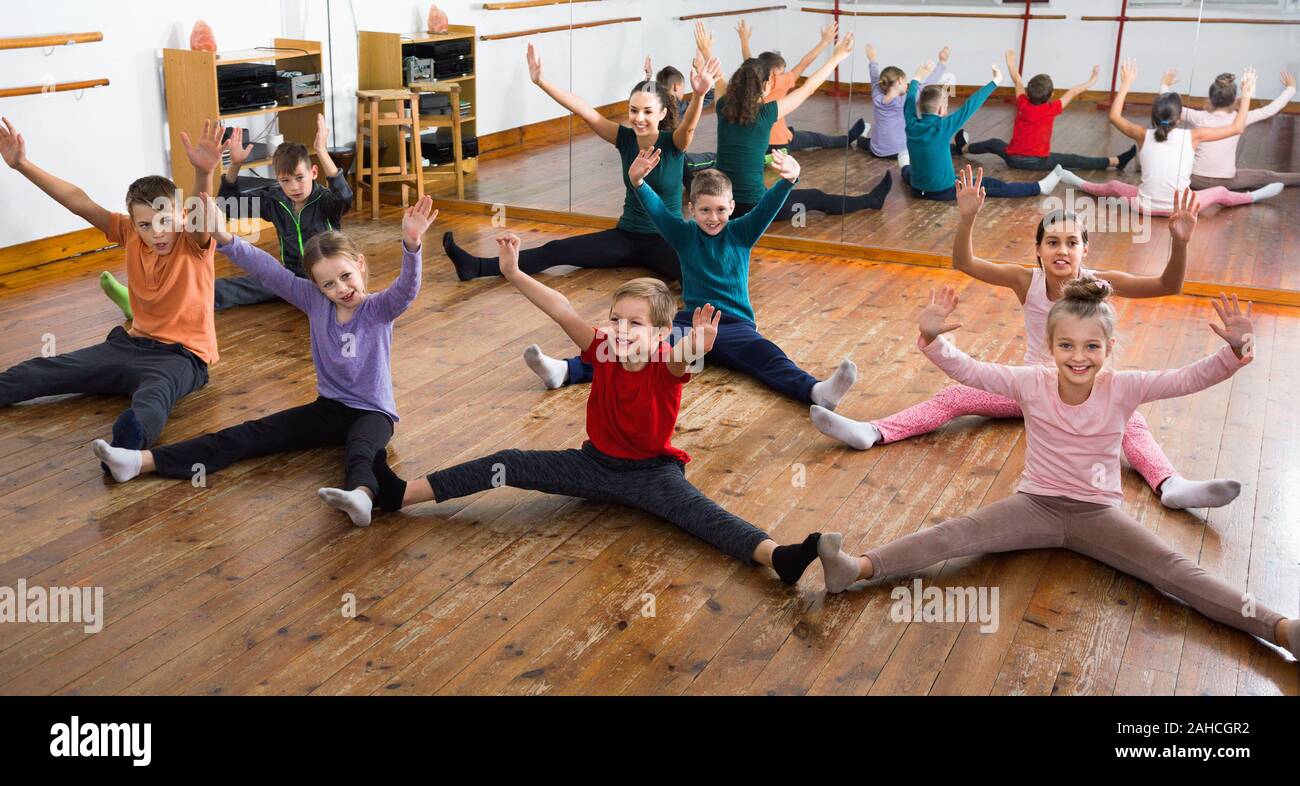 Happy cute children dancing contemp in studio smiling and having fun ...