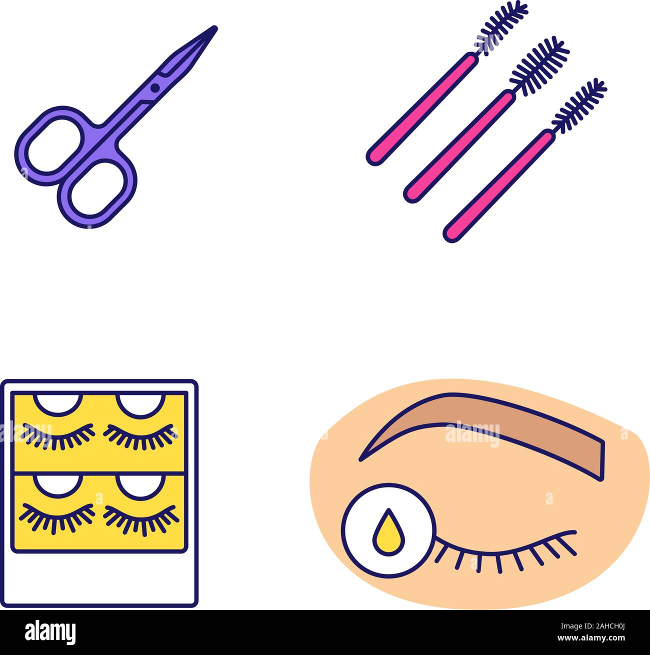 Eyelash extension color icons set. Scissors, disposable mascara wands ...