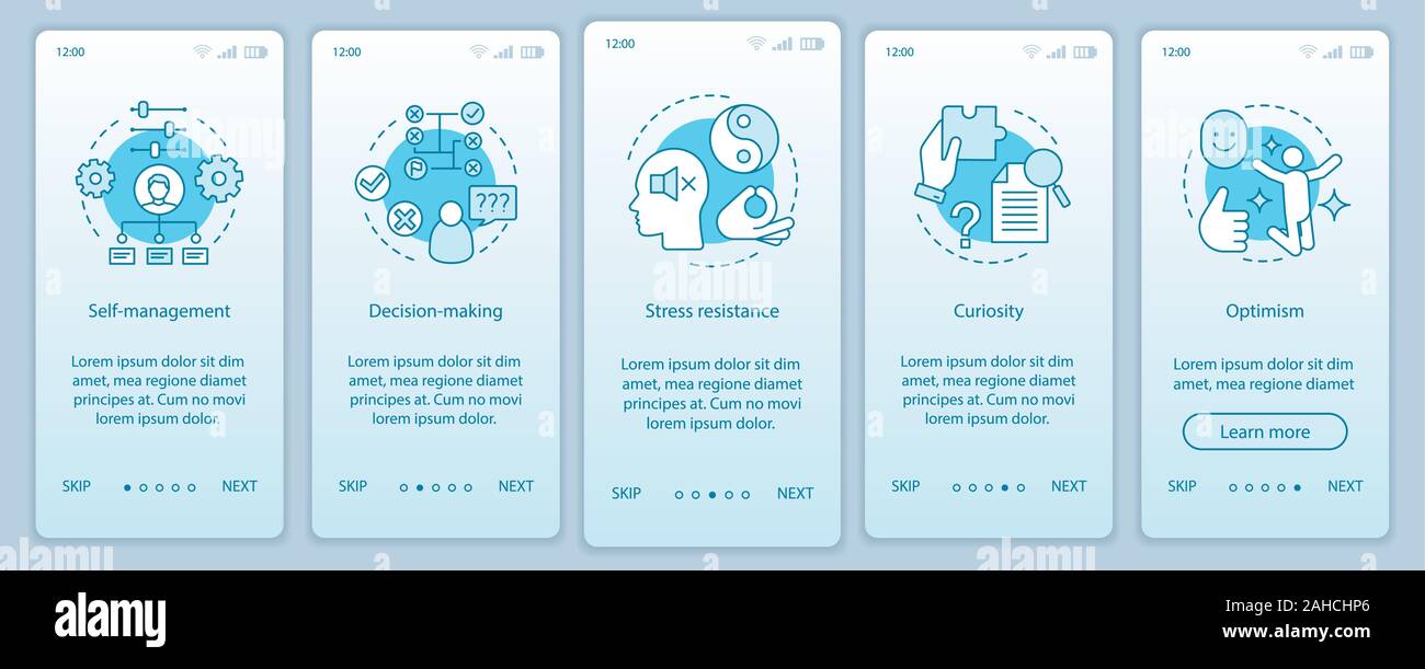 Business skills onboarding mobile app page screen vector template. Employee soft, baseine ...