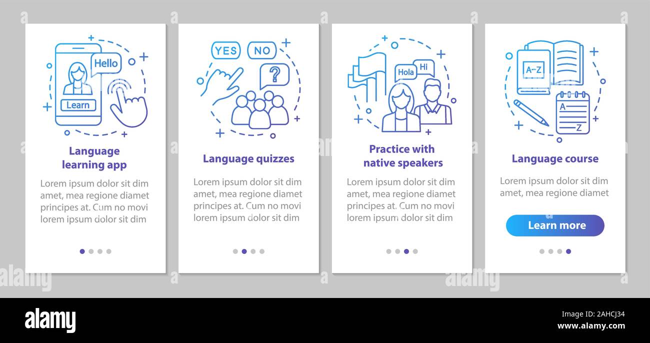 Foreign language learning onboarding mobile app page screen vector template. Lessons with native ...