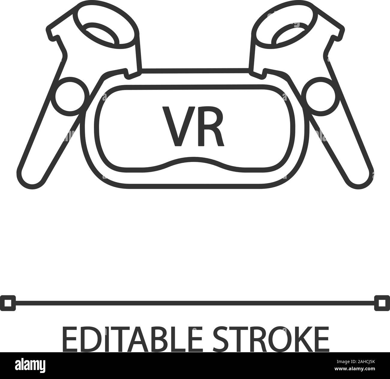VR set linear icon. Virtual reality headset and controllers. Thin line illustration. VR glasses ...