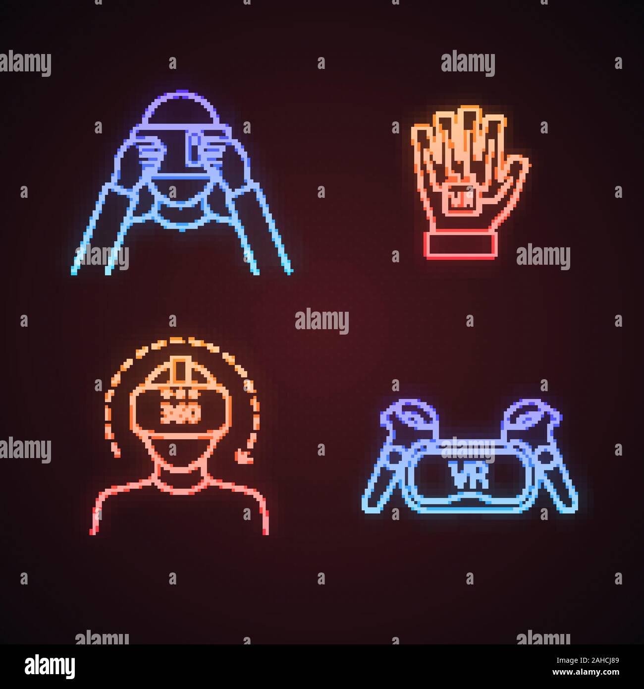 Virtual reality neon light icons set. VR cardboard, headset and ...