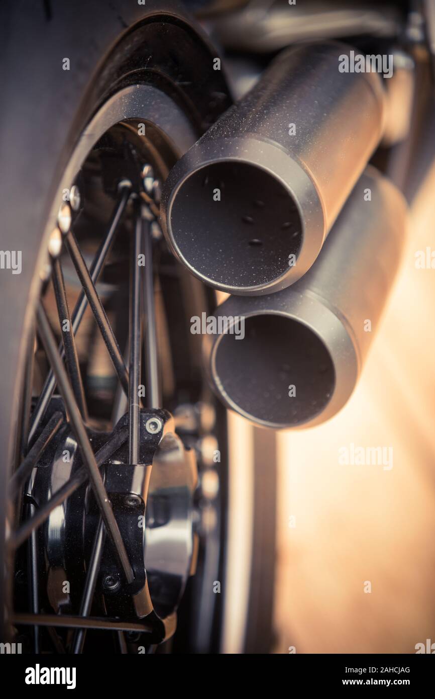 Close up of a motorcycle double exhaust pipe Stock Photo - Alamy