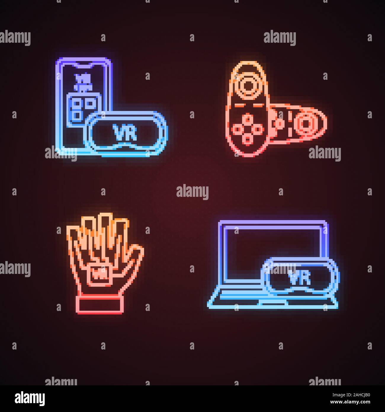 Virtual reality devices neon light icons set. Smartphone and computer ...