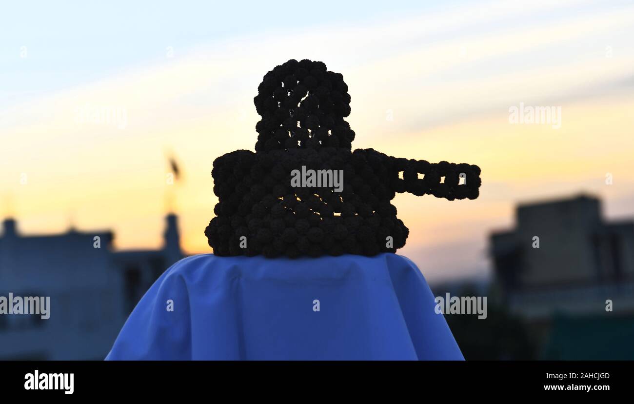 Beautiful view of a Shivling made from Rudraksha during orange sunset ...