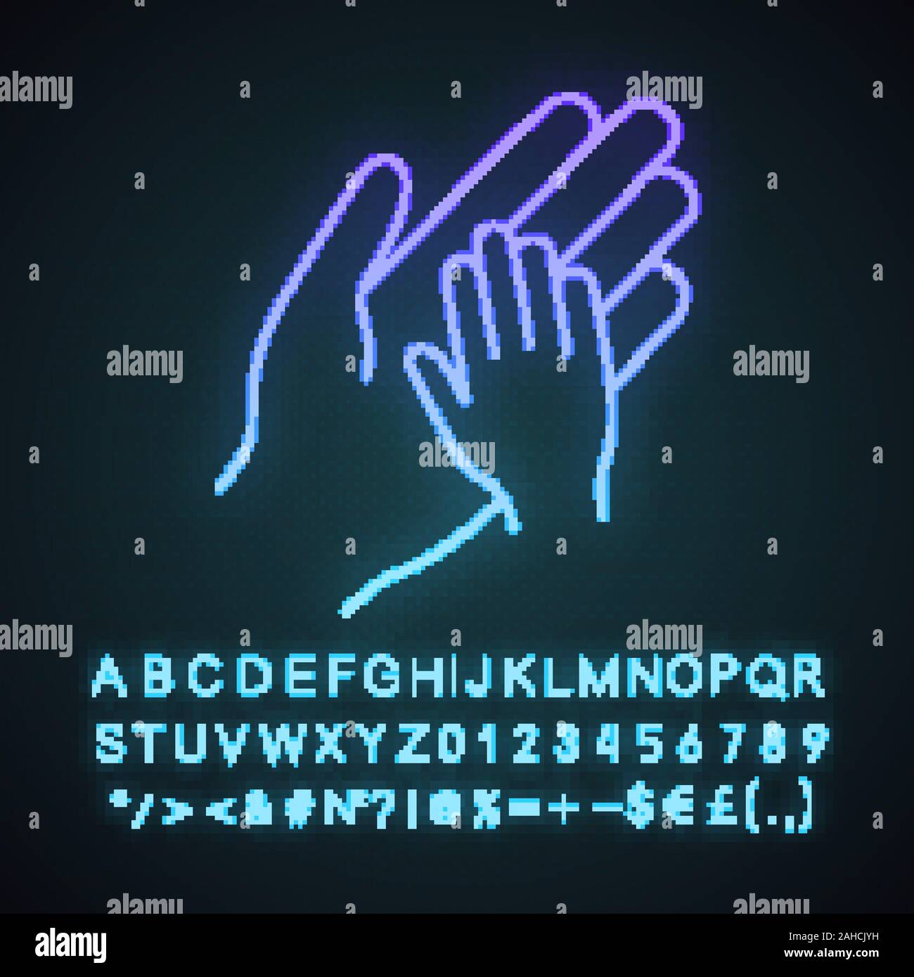 Orphan neon light icon. Adoption. Parent and child hands together ...