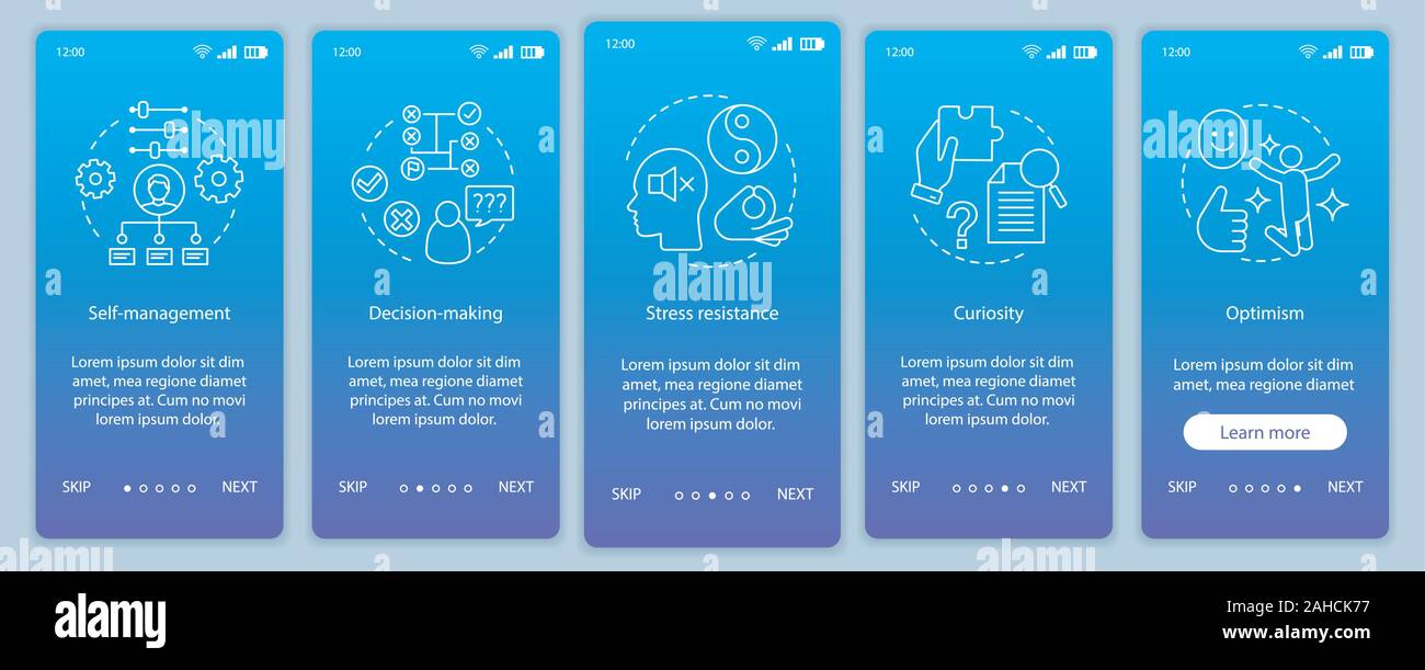 Leader and management skills onboarding mobile app page screen vector template. HR soft ...