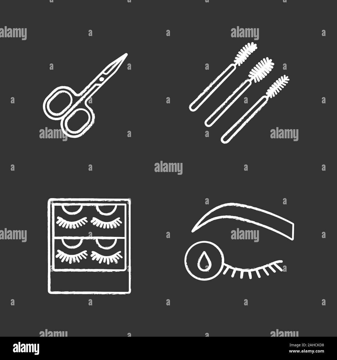 Eyelash extension chalk icons set. Scissors, disposable mascara wands ...
