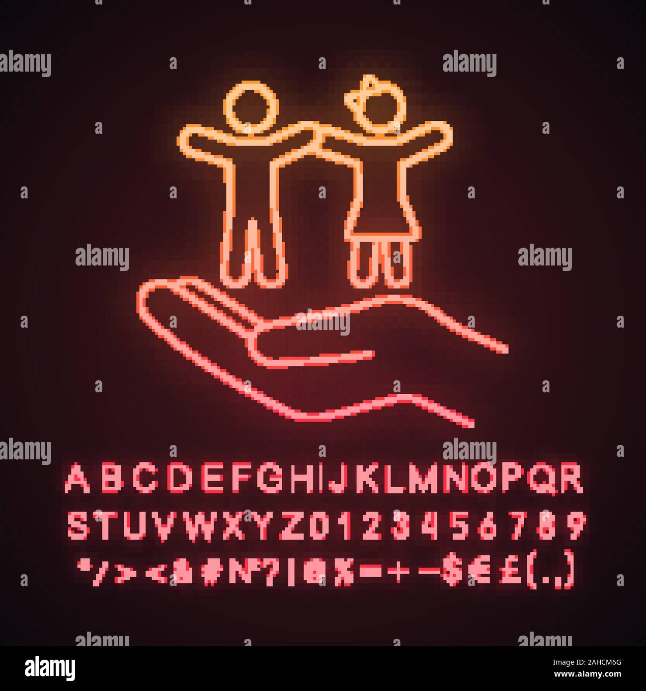 Children's rights neon light icon. Child protection day. Hand holding ...