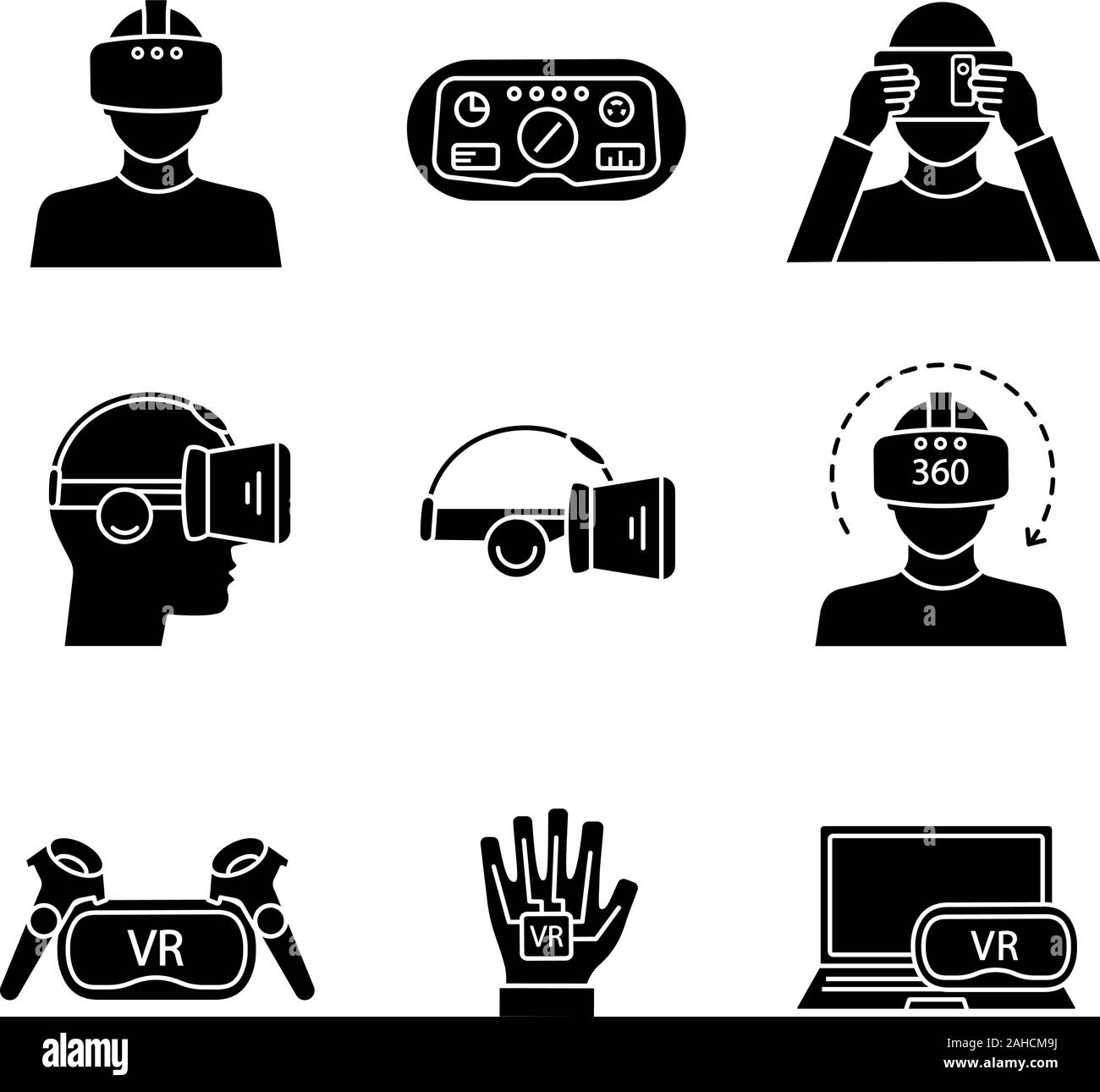 Virtual reality glyph icons set. Silhouette symbols. VR games players, headsets, controllers ...