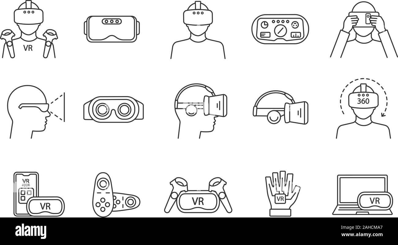 Virtual reality linear icons set. Thin line contour symbols. VR games ...