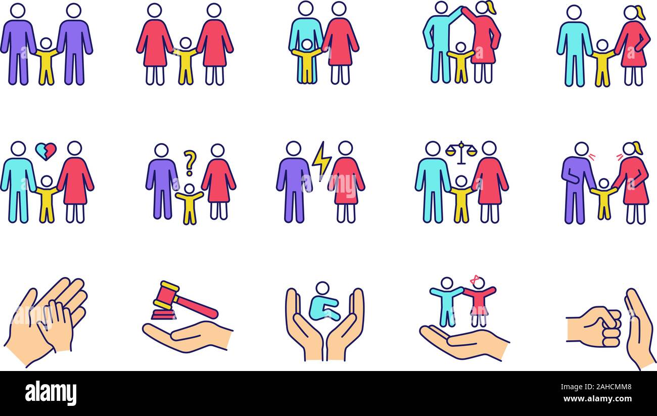 Child custody color icons set. LGBT families. Adoption and orphanage ...