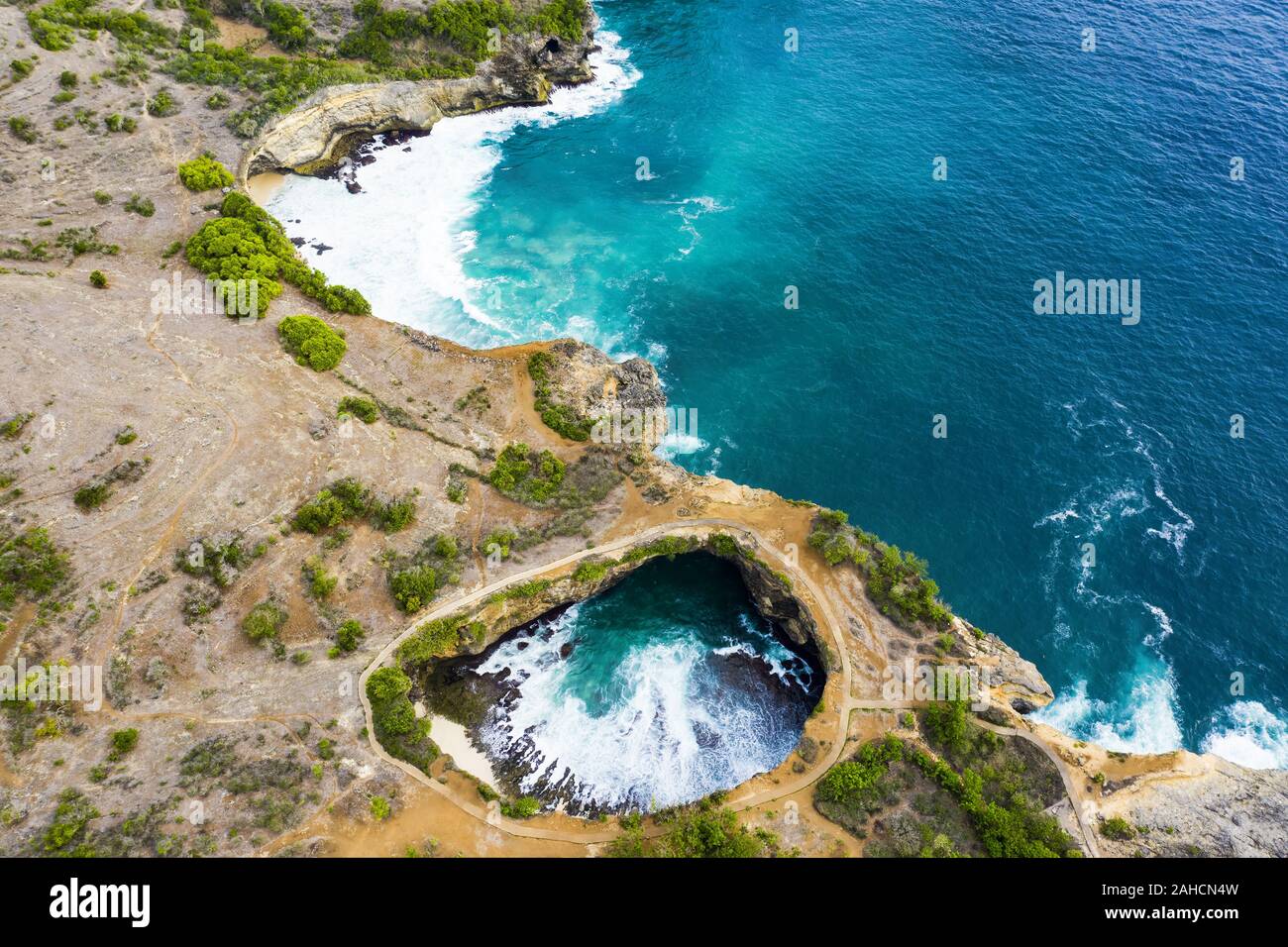 View from above, stunning aerial view of the Broken Beach Stock Photo ...