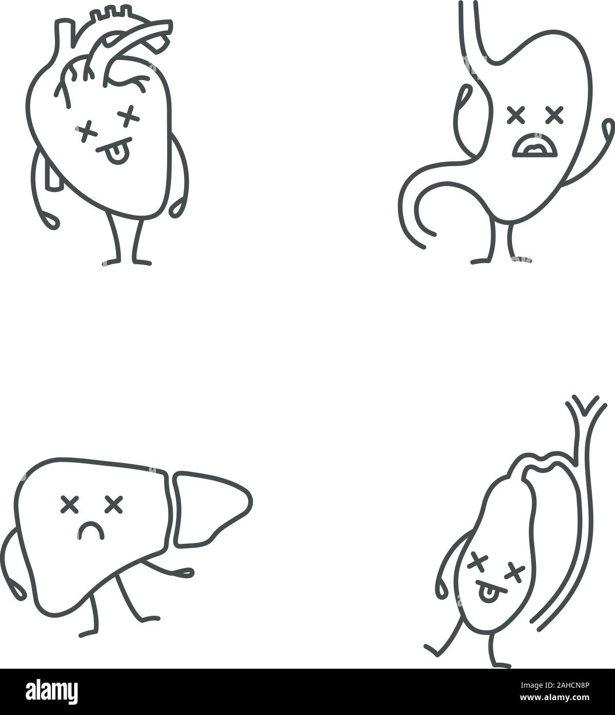 Sad human internal organs characters linear icons set. Thin line ...
