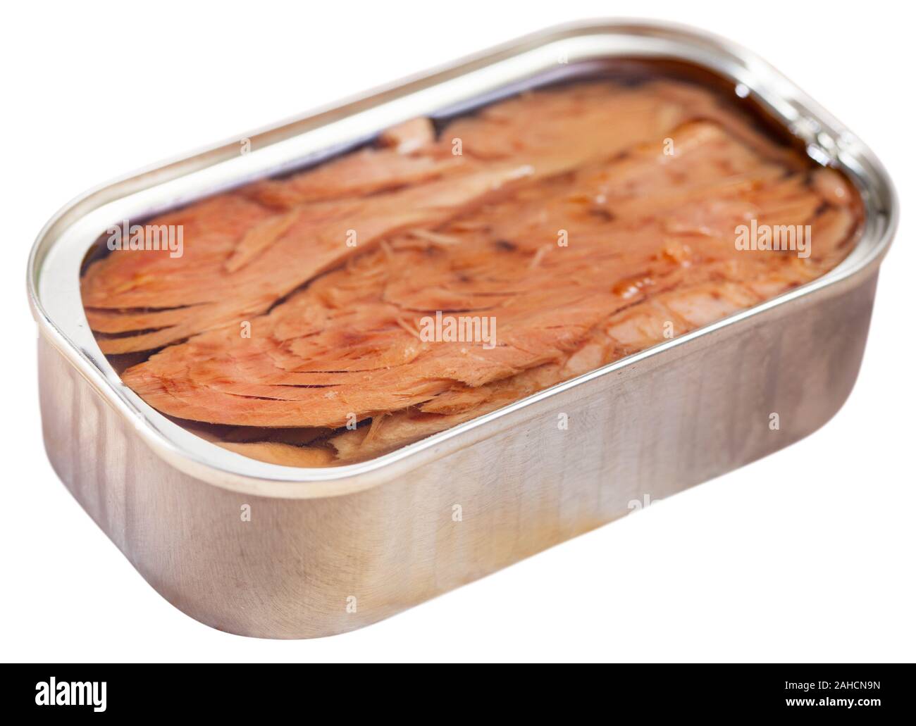 Closeup view of open can of canned mackerel fish. Isolated over white ...