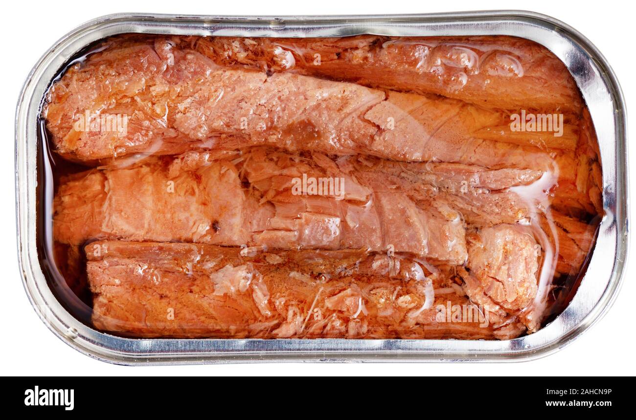 Opened can of preserved mackerel fish fillets. Isolated over white ...
