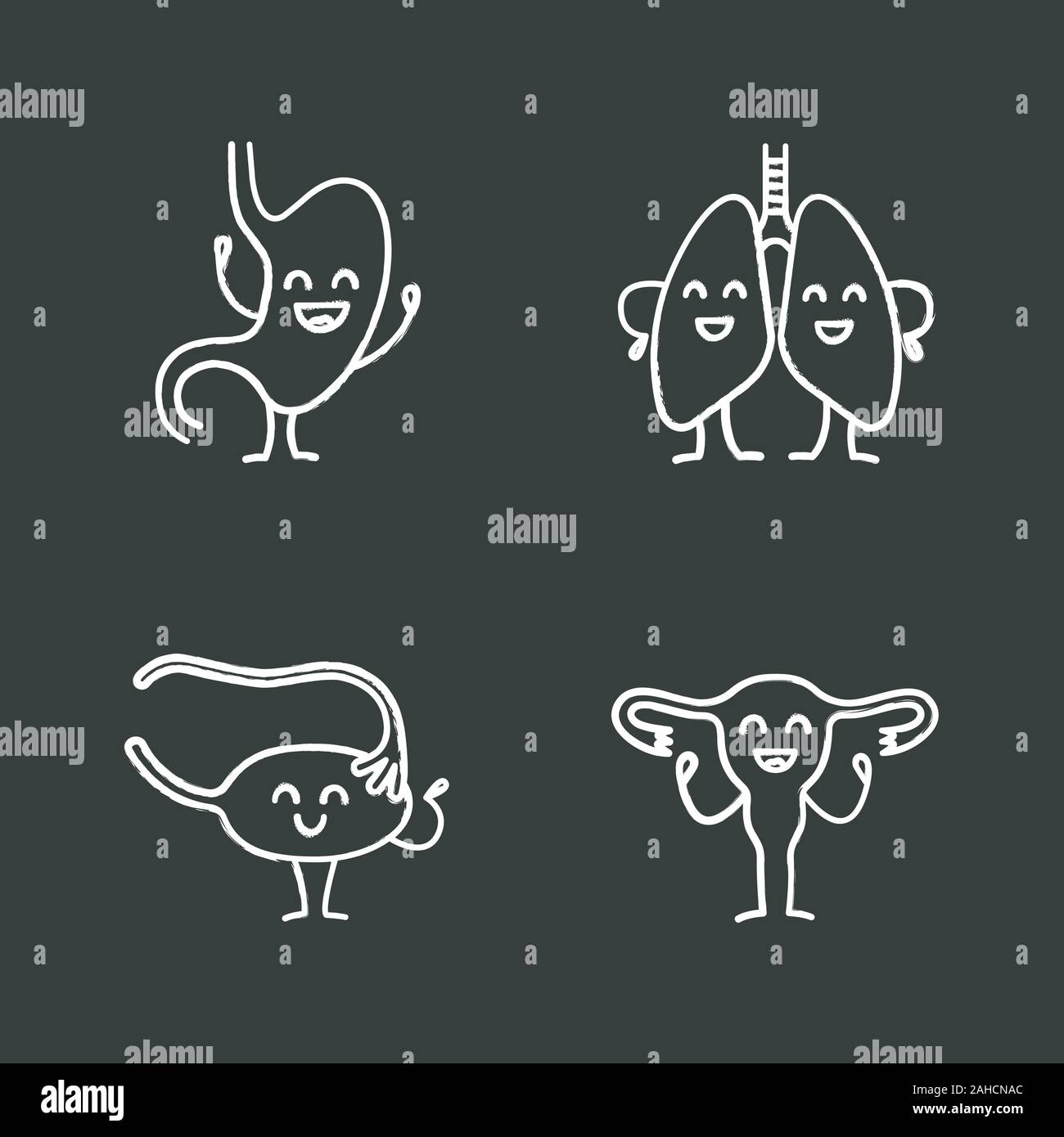 Sad human internal organs characters chalk icons set. Unhappy heart ...