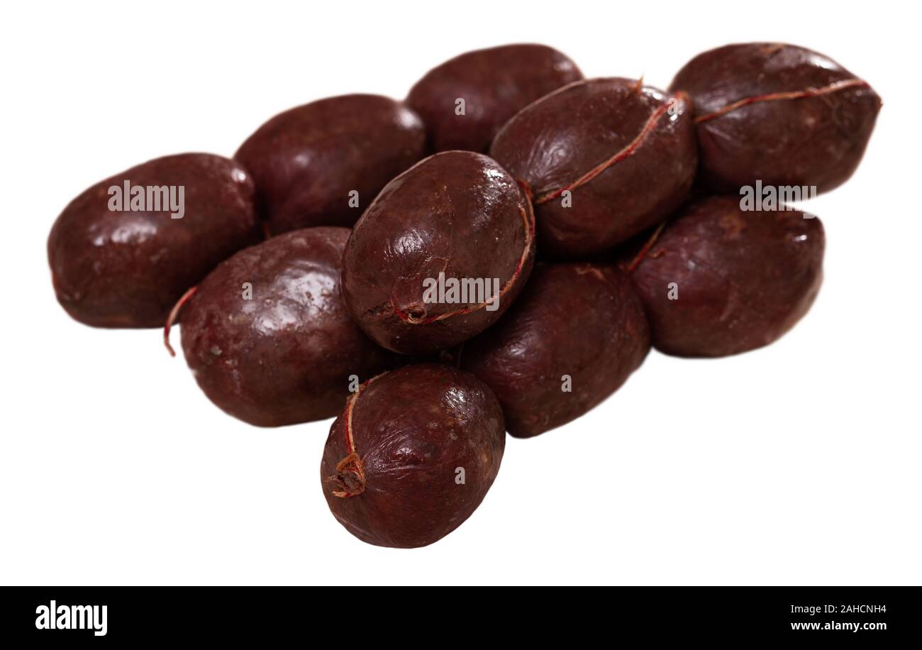 Popular Catalan blood sausage (morcilla) with rice. Isolated over white ...