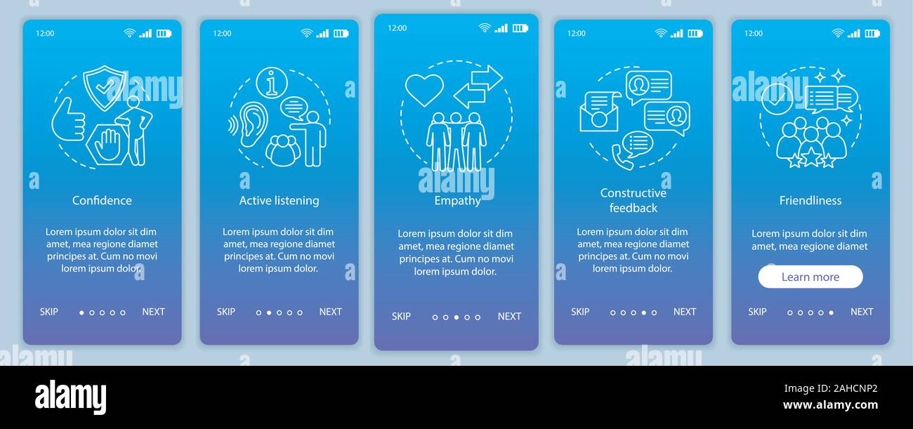 Communication skills onboarding mobile app page screen vector template. Personal qualities ...