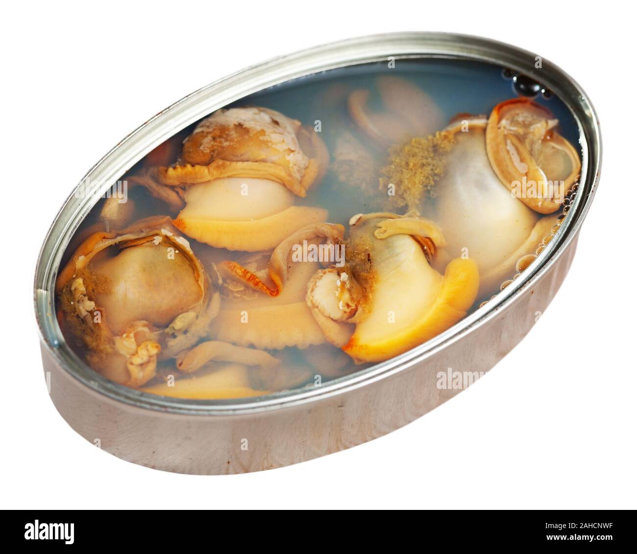 Seafood appetizer. Open tin can of preserved natural clams in brine ...