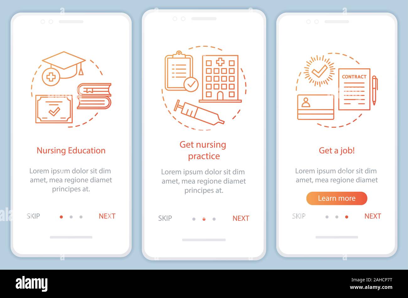 Nursing education onboarding mobile app page screen vector template. Become caregiver ...