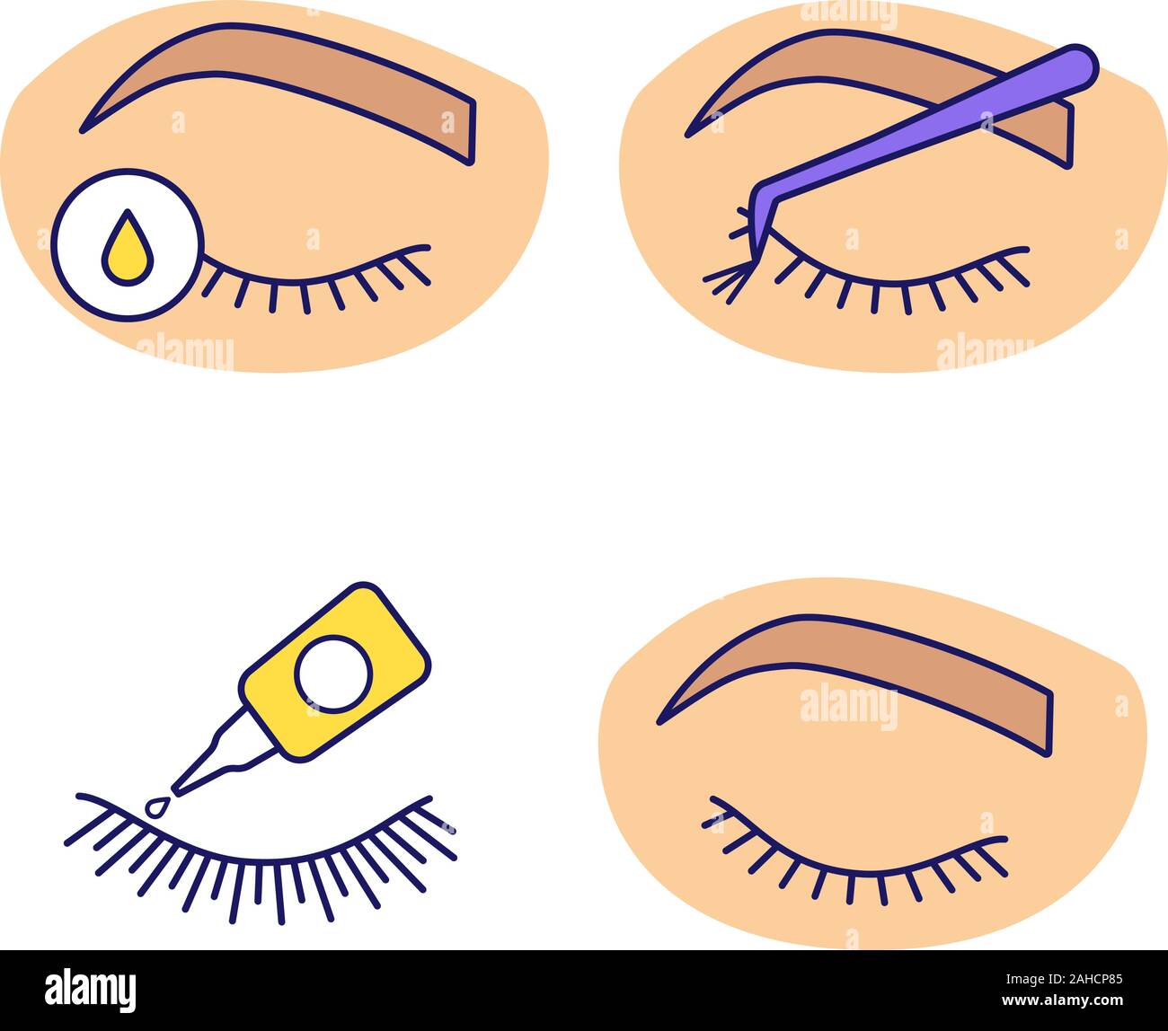 Eyelash extension color icons set. False lashes glue, primer for ...