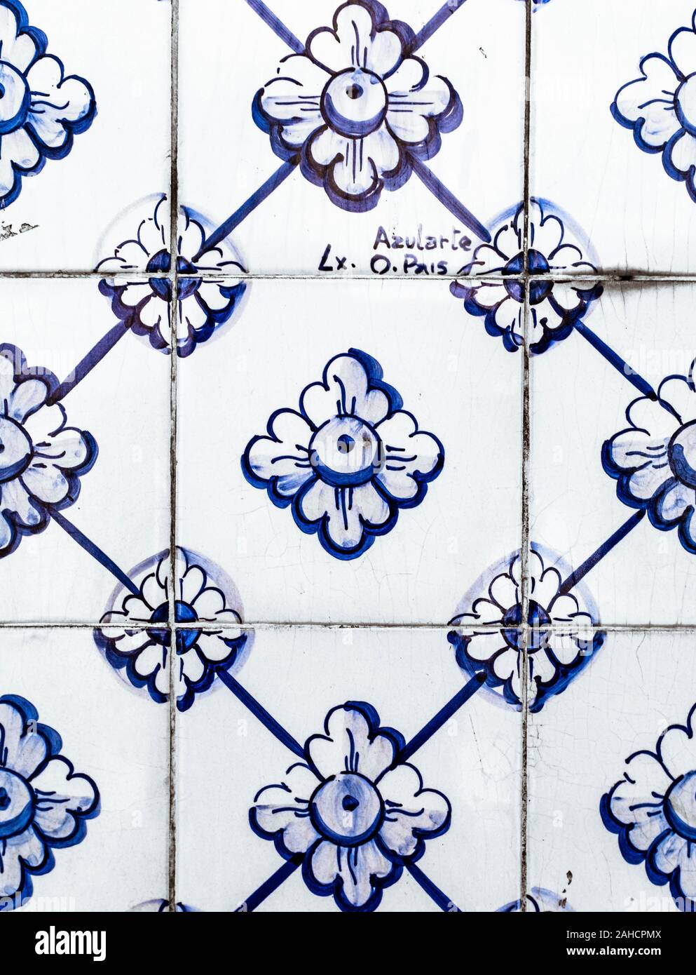 Portuguese traditional tiles Azulejos with blue floral pattern on a ...