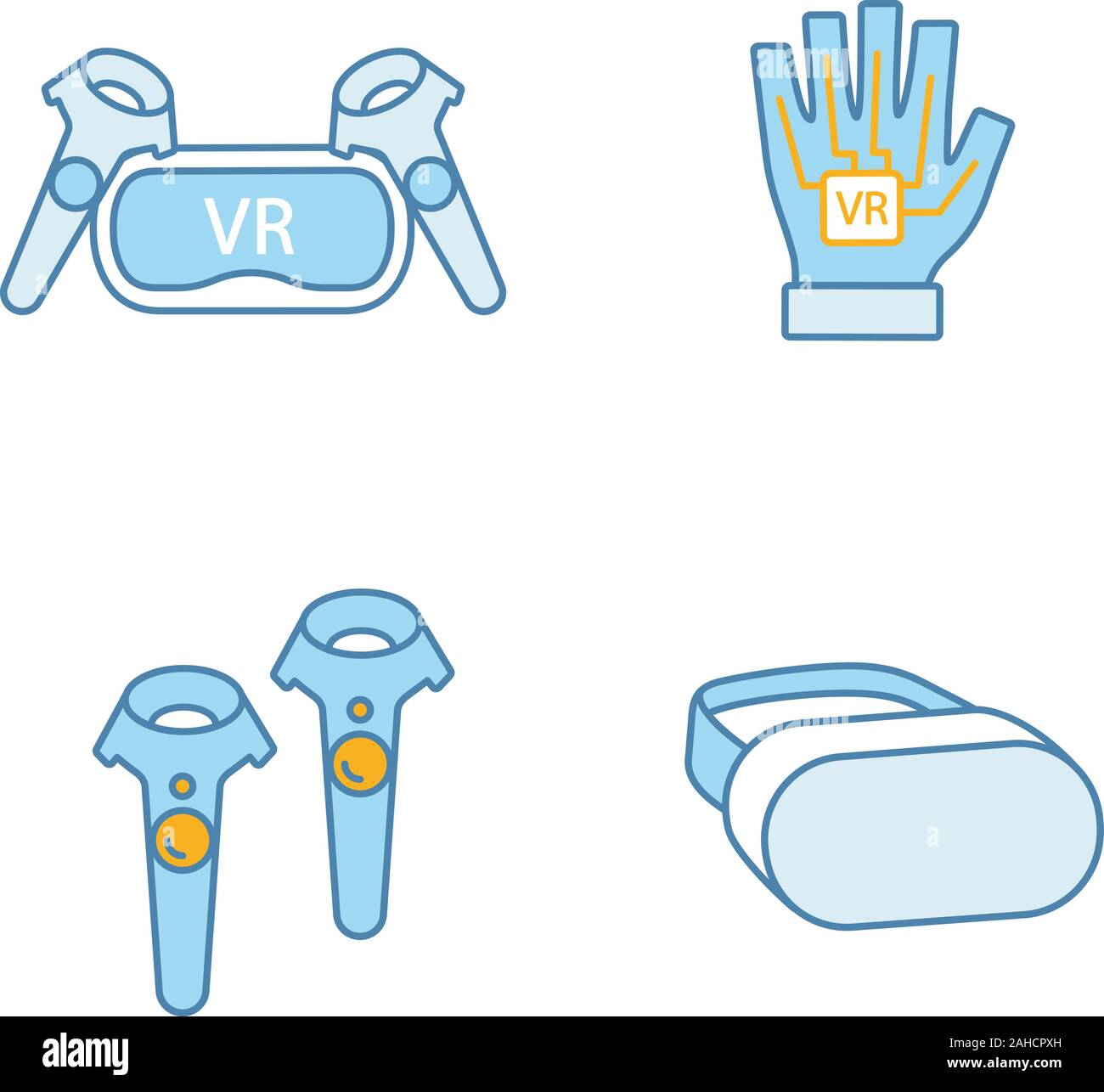 Virtual reality devices color icons set. VR headset and wireless ...