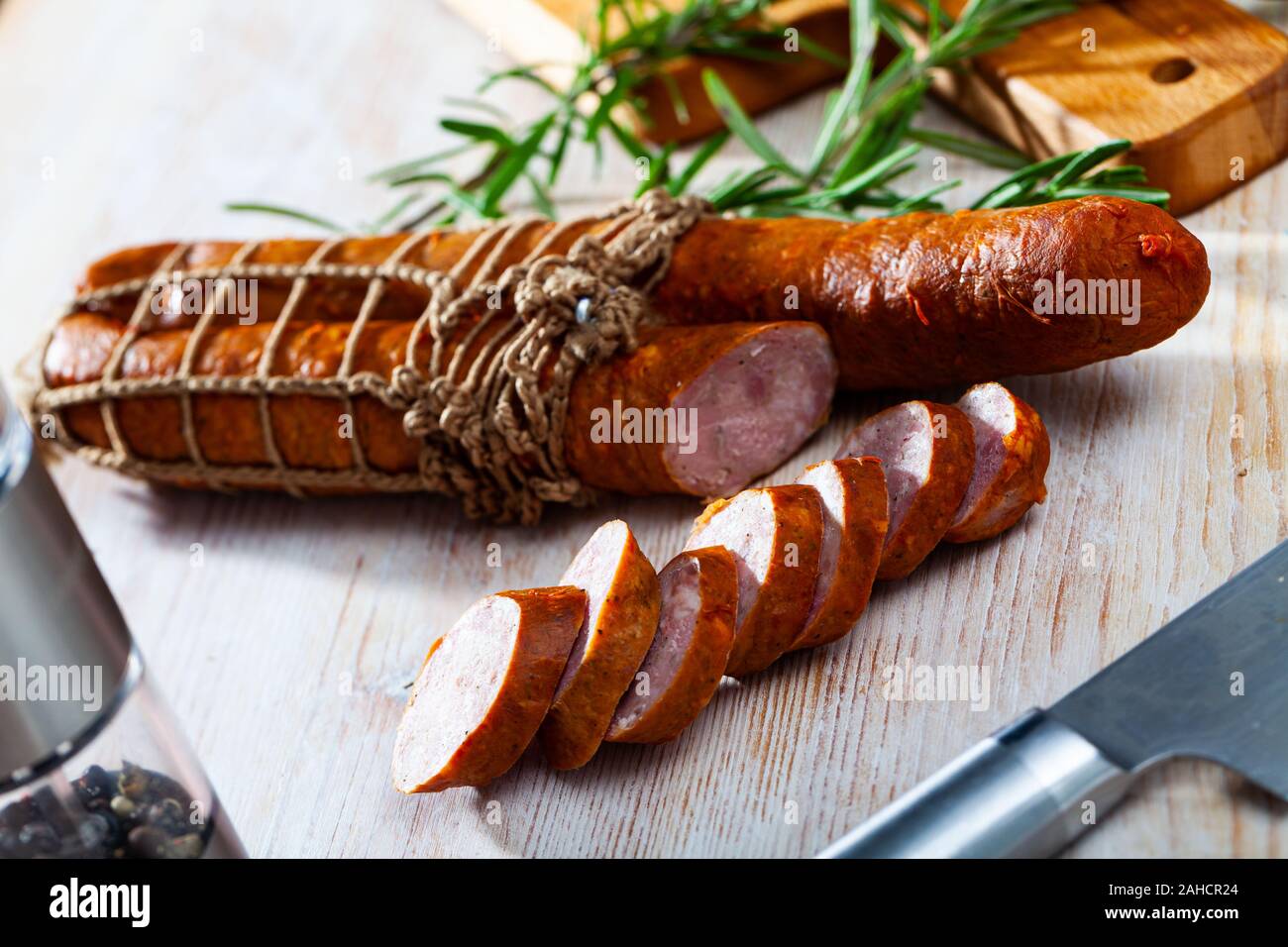 Juicy lean spicy pork sausages, traditional czech sunkova klobasa Stock ...