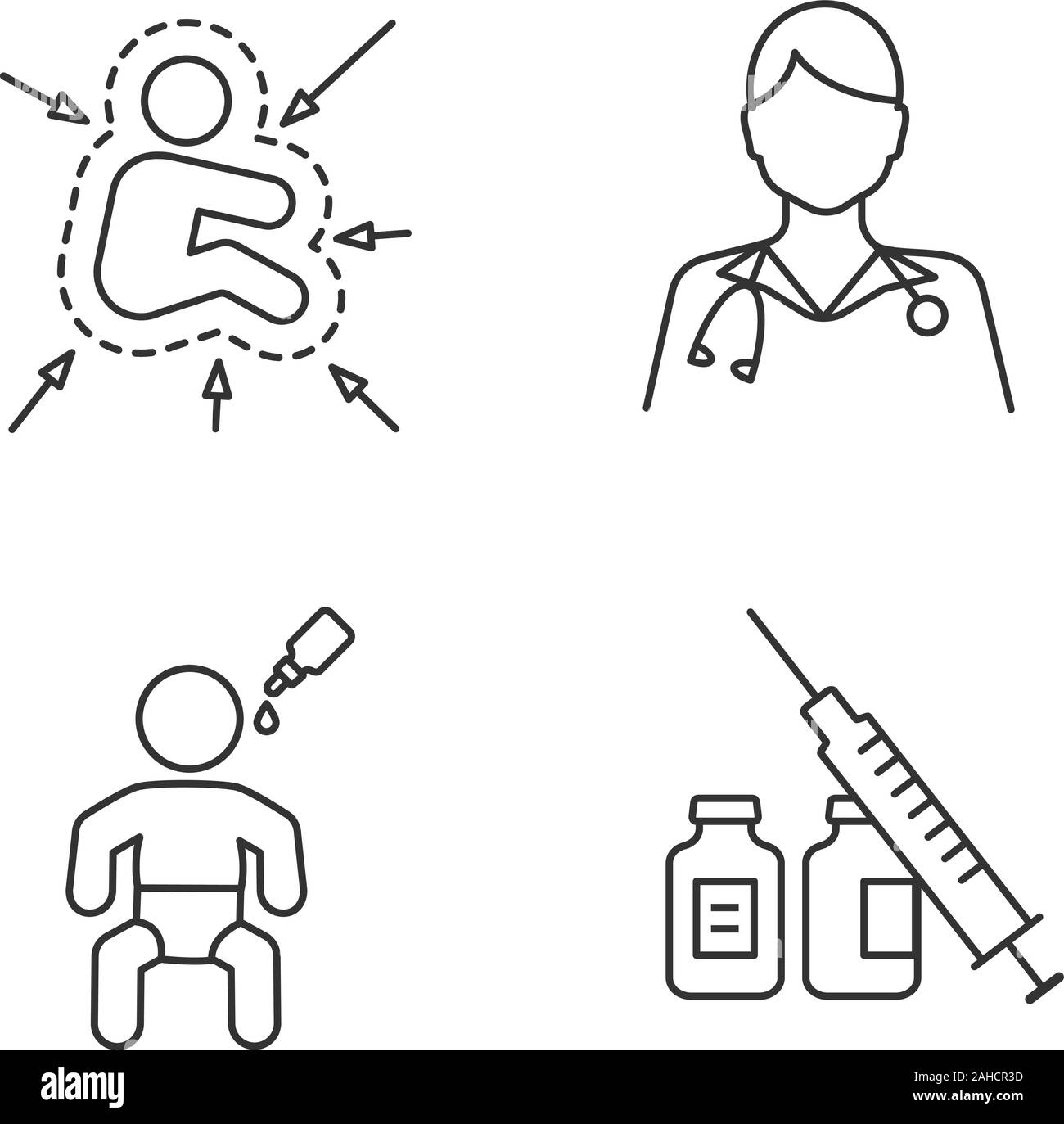 Kids vaccination and immunization linear icons set. Thin line contour ...