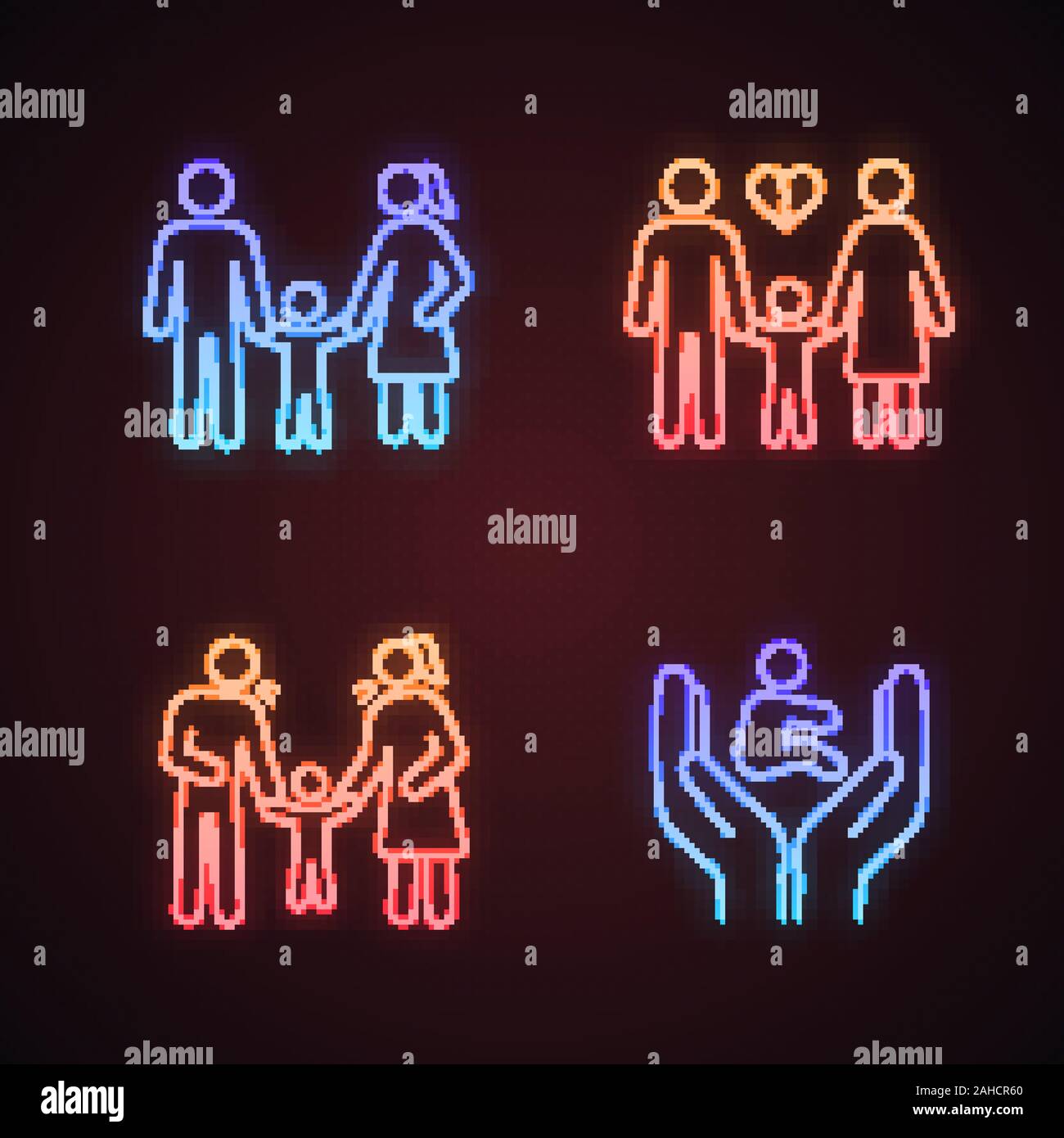 Child custody neon light icons set. Childcare. Children's rights ...