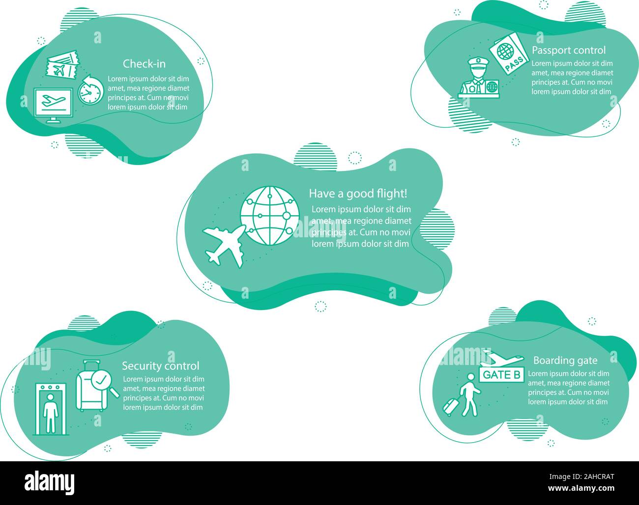 Airport procedures concept illustrations. Check-in, boarding, flight ...