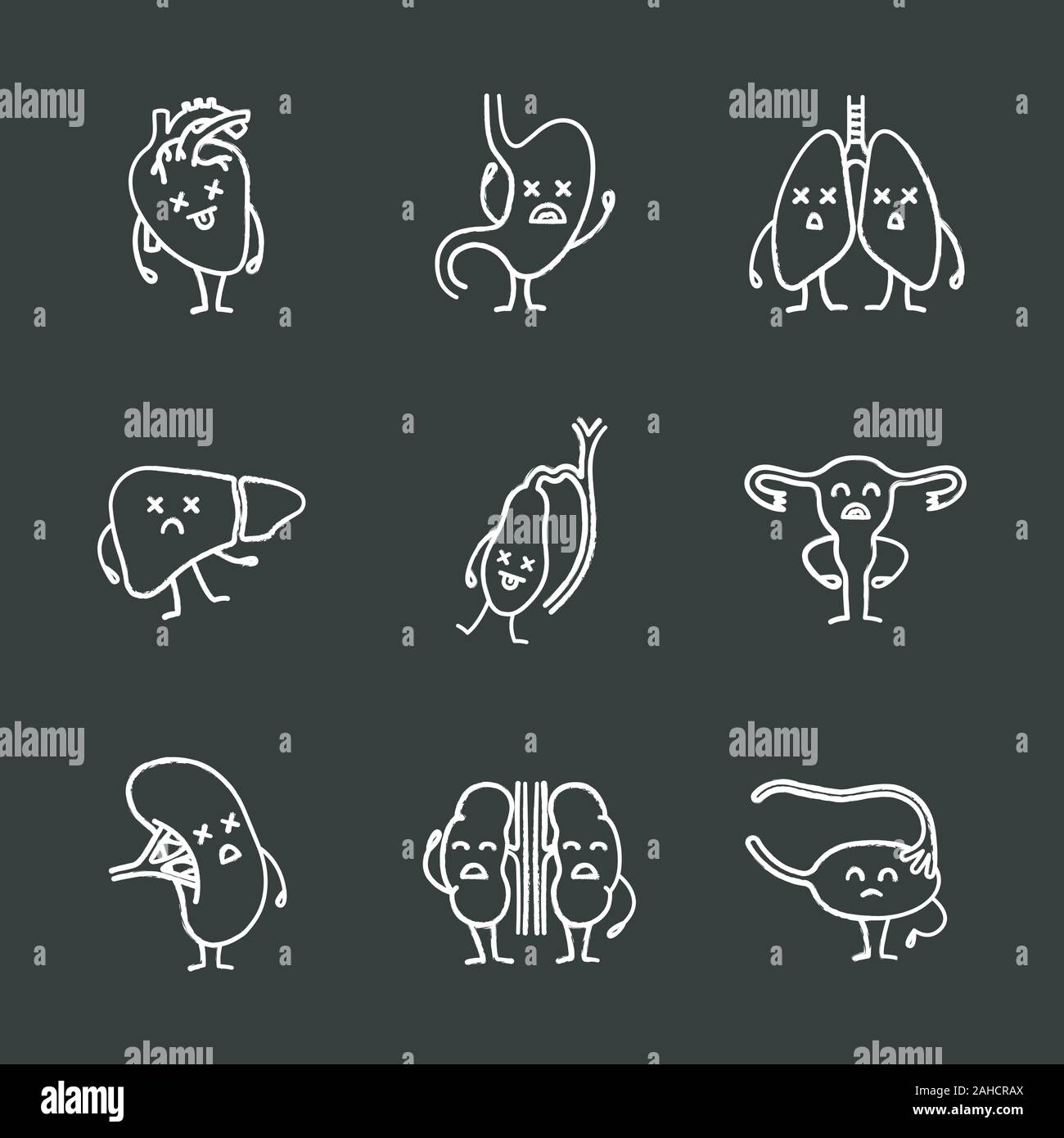 Sad human internal organs characters chalk icons set. Unhealthy ...