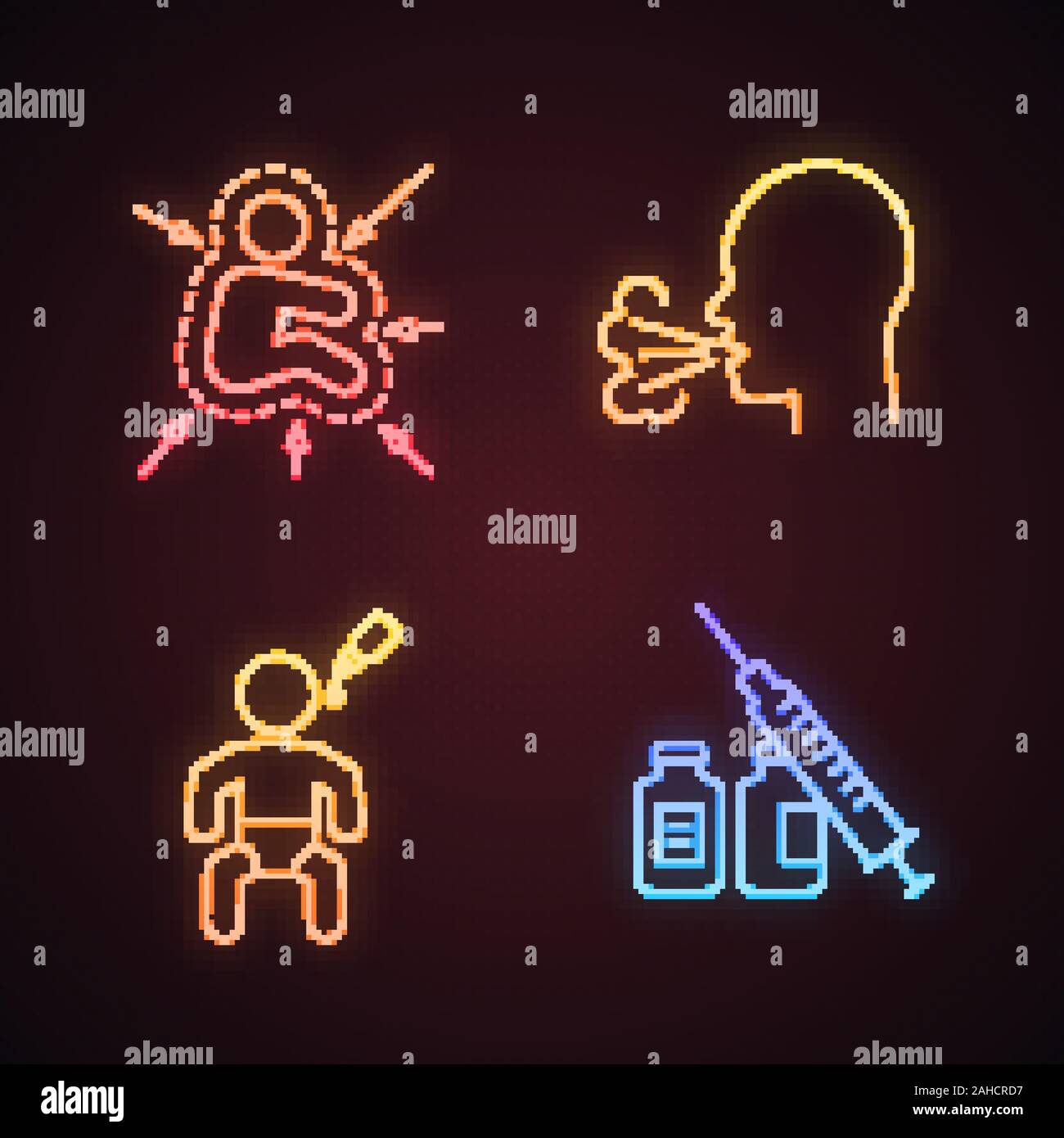 Vaccination and immunization neon light icons set. Glowing signs. Kid's ...