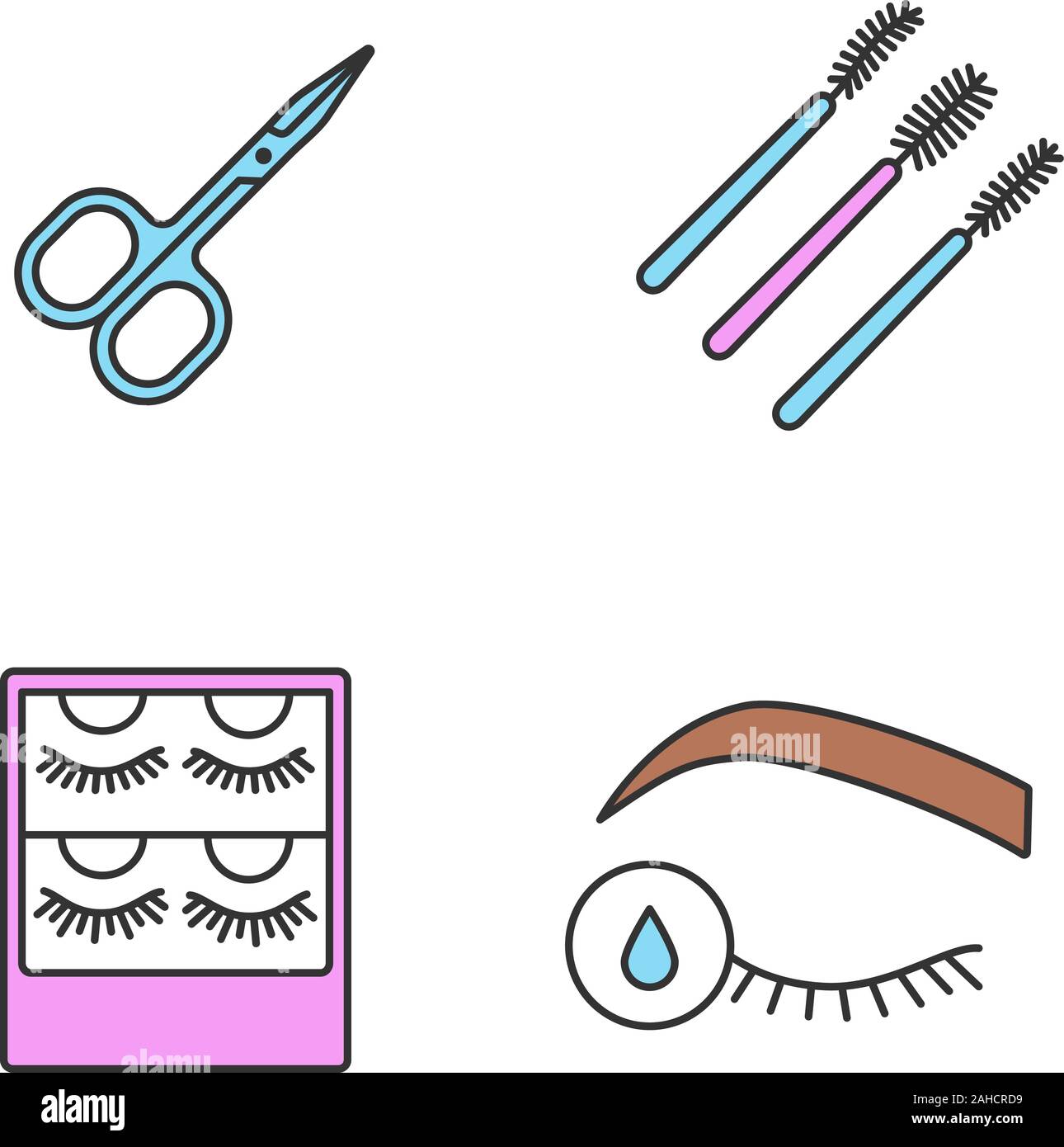 Eyelash extension color icons set. Scissors, disposable mascara wands ...