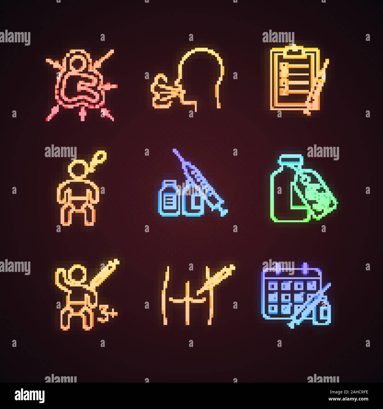 Vaccination and immunization neon light icons set. Glowing signs. Kid's ...