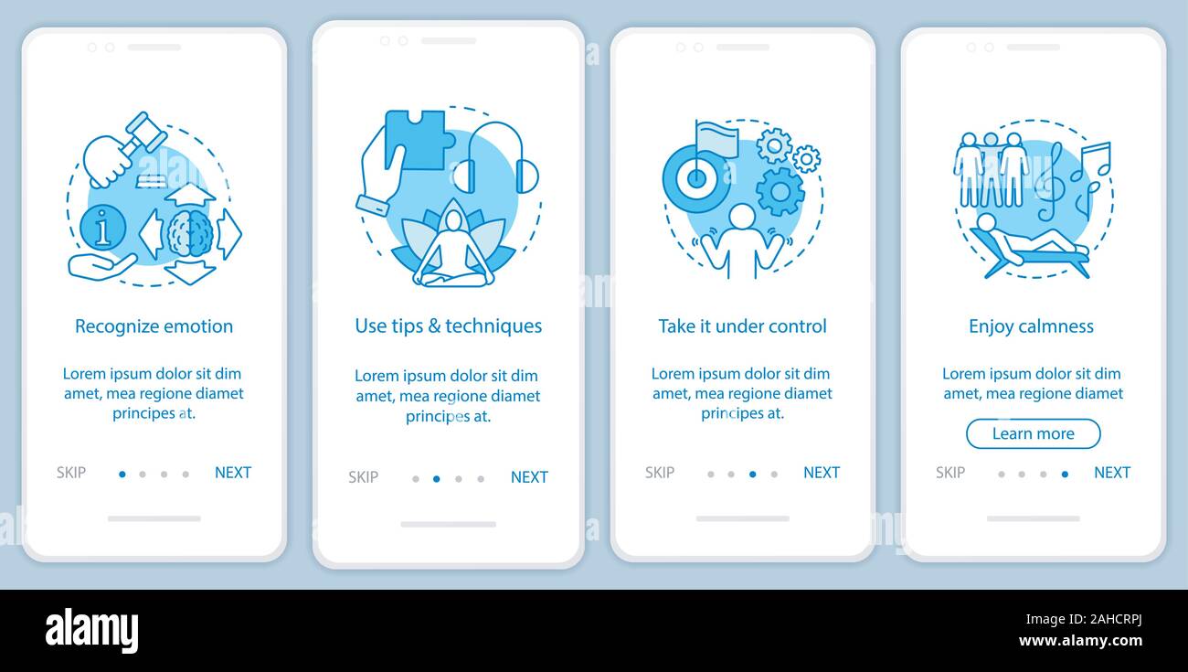 Emotions Managing Onboarding Mobile App Page Screen Vector Template Recognize Use Tips Enjoy