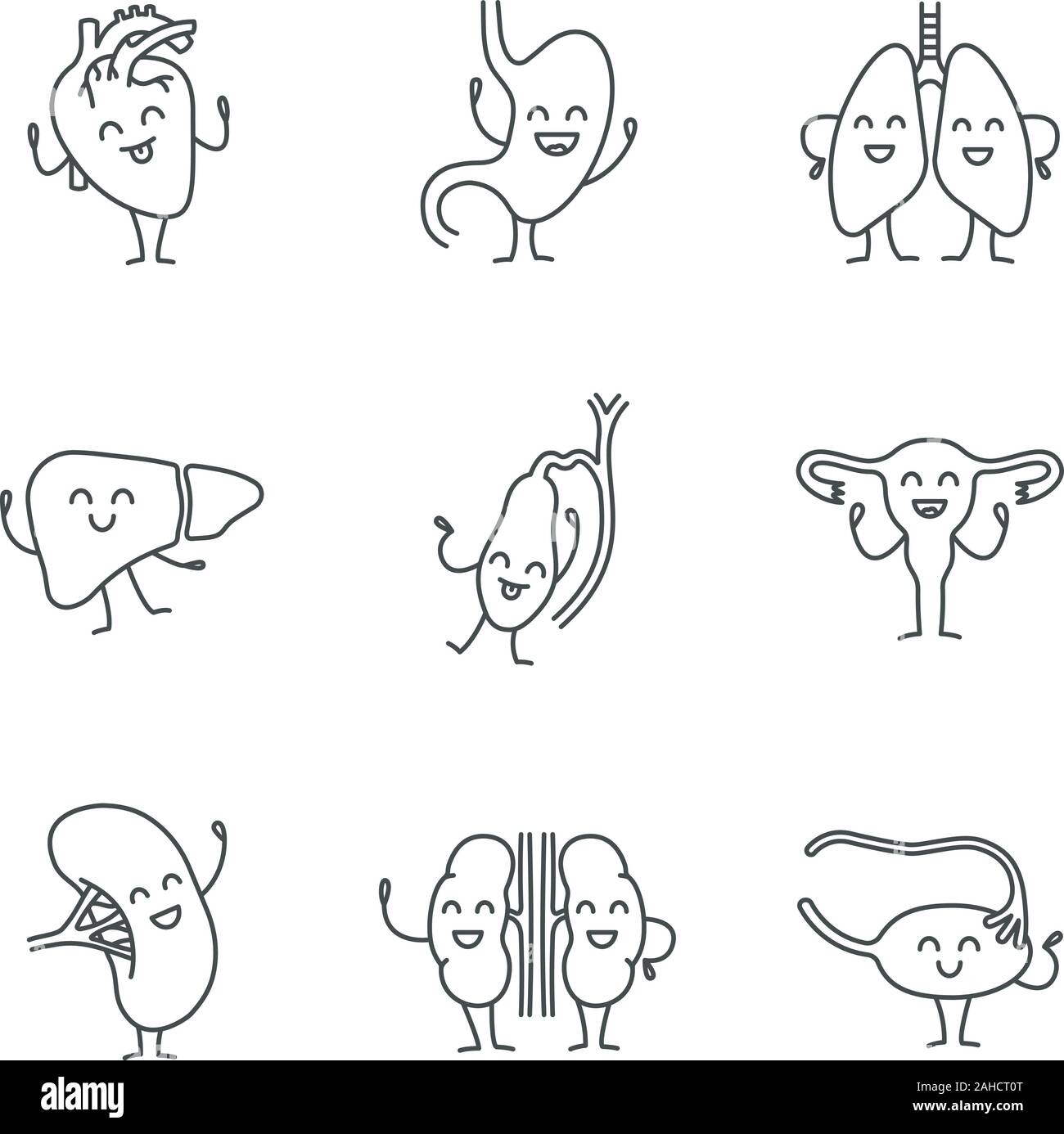 Smiling human internal organs characters linear icons set. Thin line ...