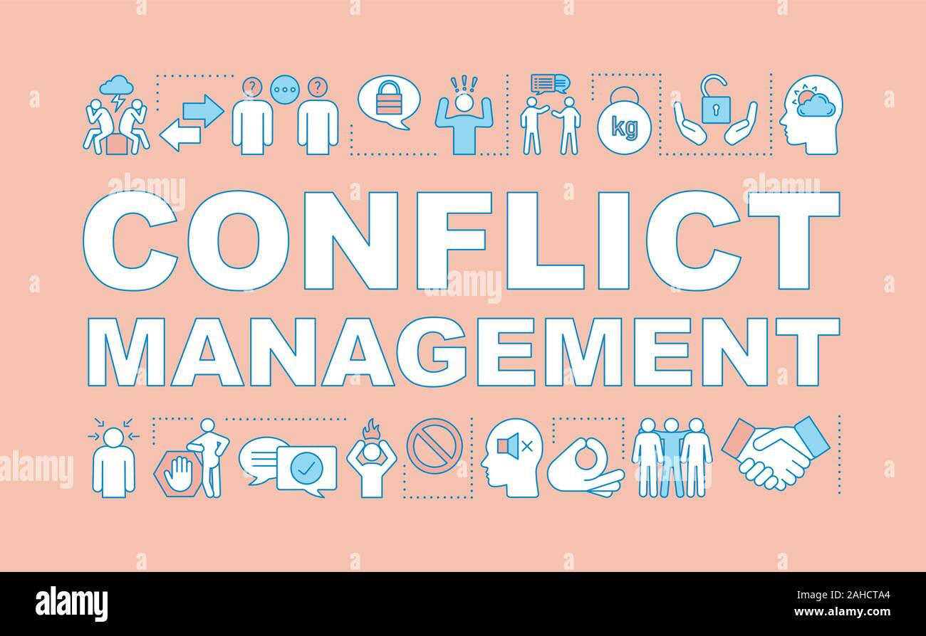 Conflict management word concept banner. Overworking, frustration ...