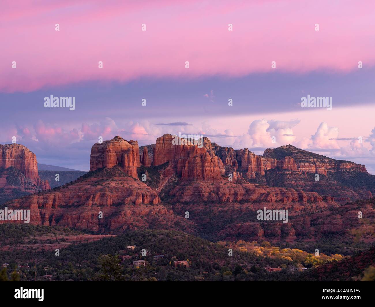 Autumn color and sunset over Cathedral Rocks, Red Rock Crossing Park ...