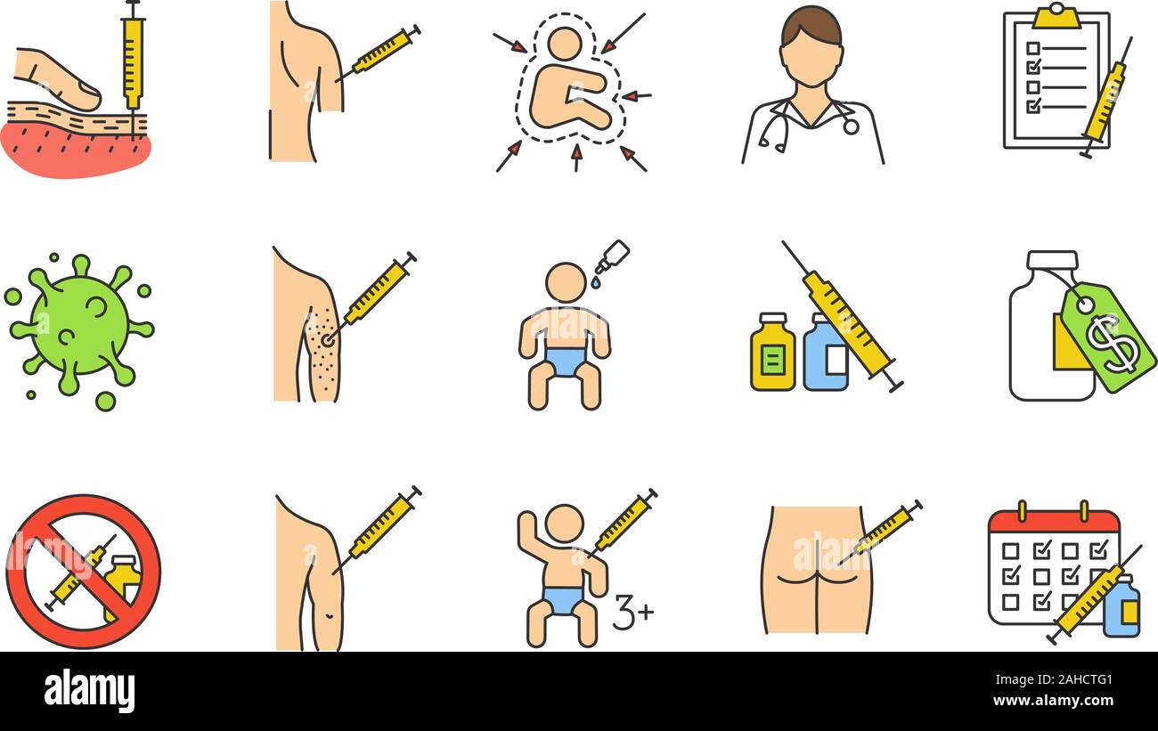 Vaccination and immunization color icons set. Vaccines for kids, adults ...