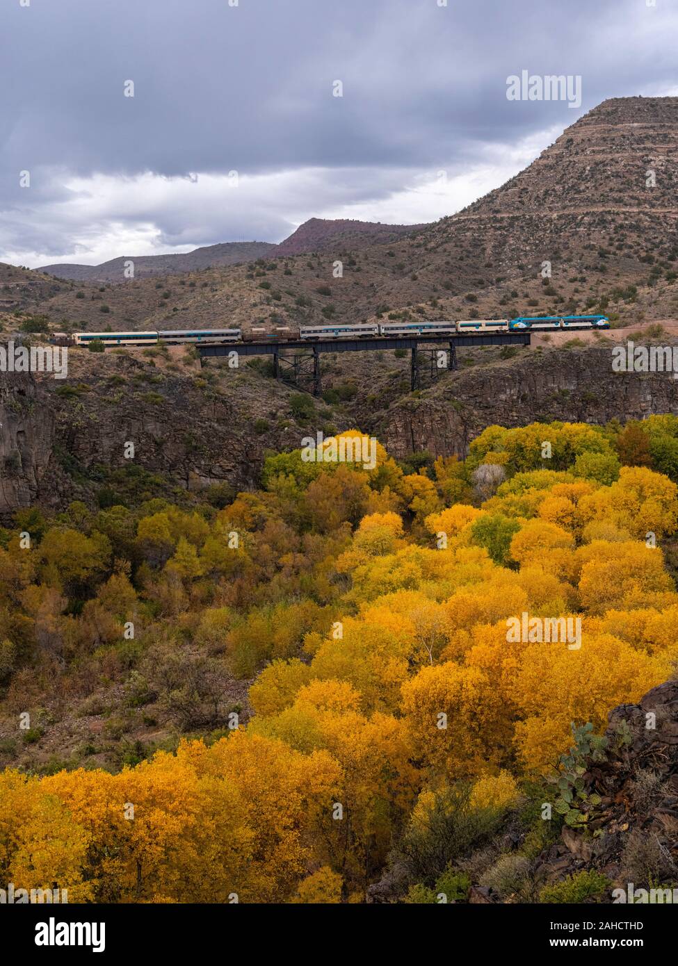 Verde Canyon Railroad, running above the Verde River, Arizona Stock ...