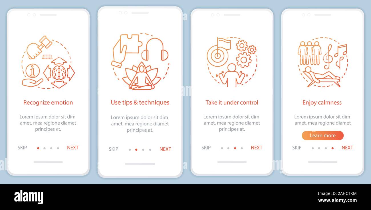 Emotions Managing Onboarding Mobile App Page Screen With Linear Concepts Recognize Use Tips